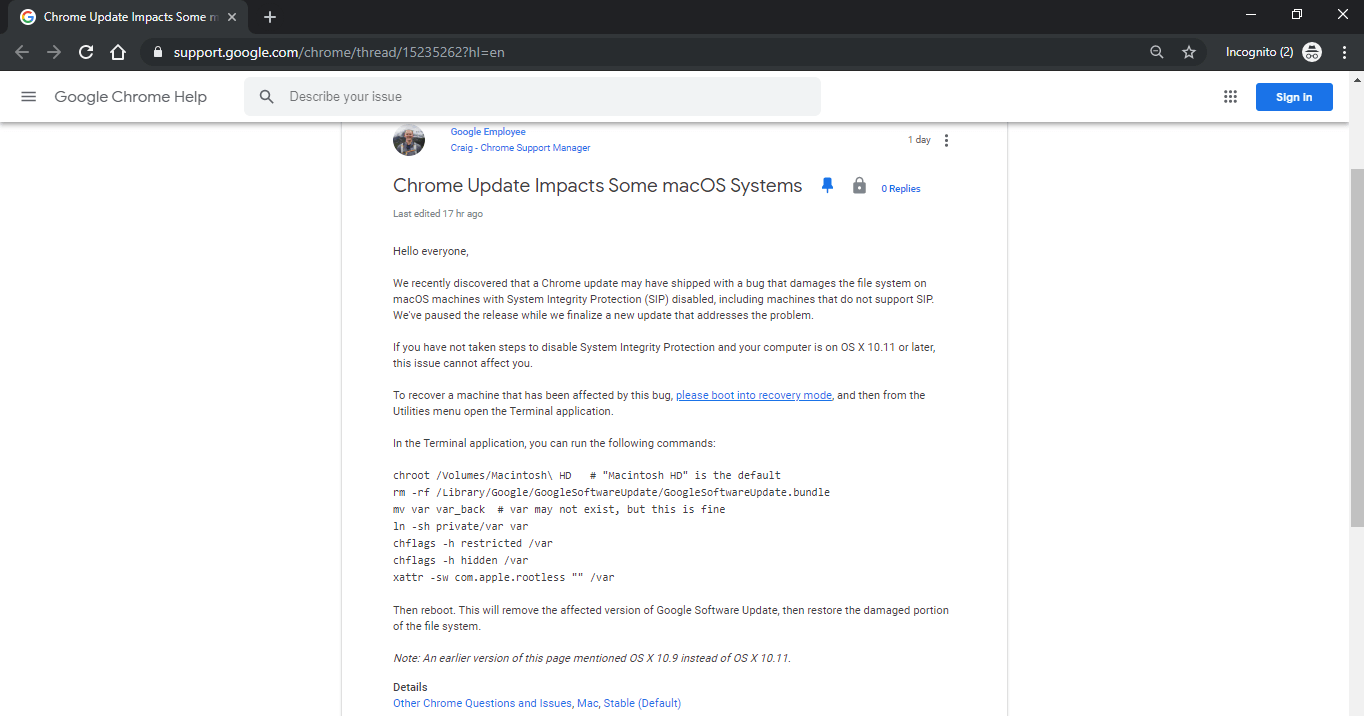 Chrome Bug Causing Damage To Mac OS file system