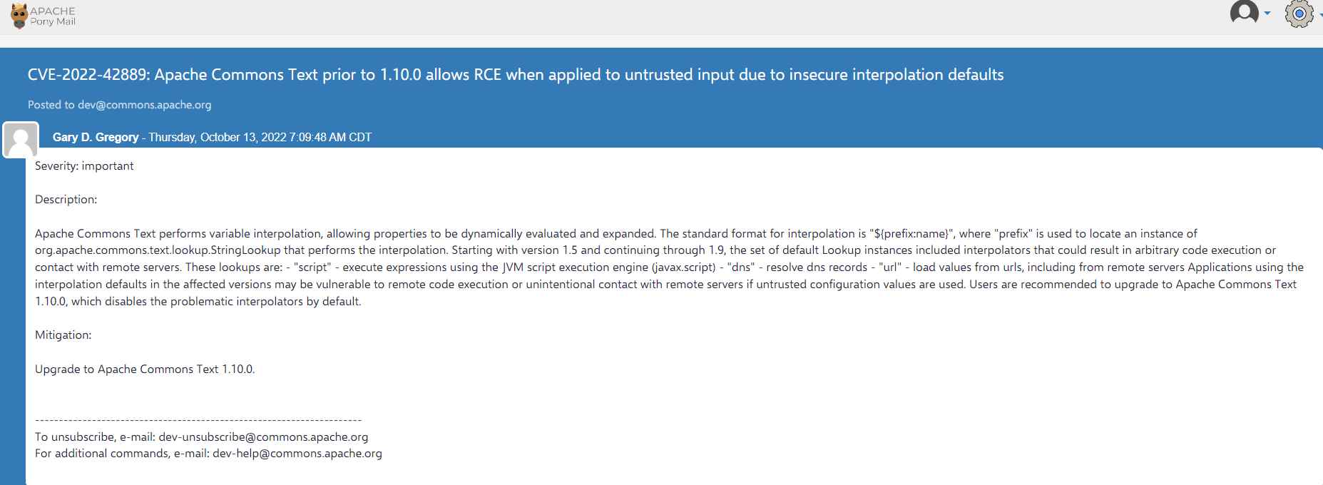 Very Critical Apache Commons Text Arbitrary Code Execution Vulnerability With A Cvss Score Of 9