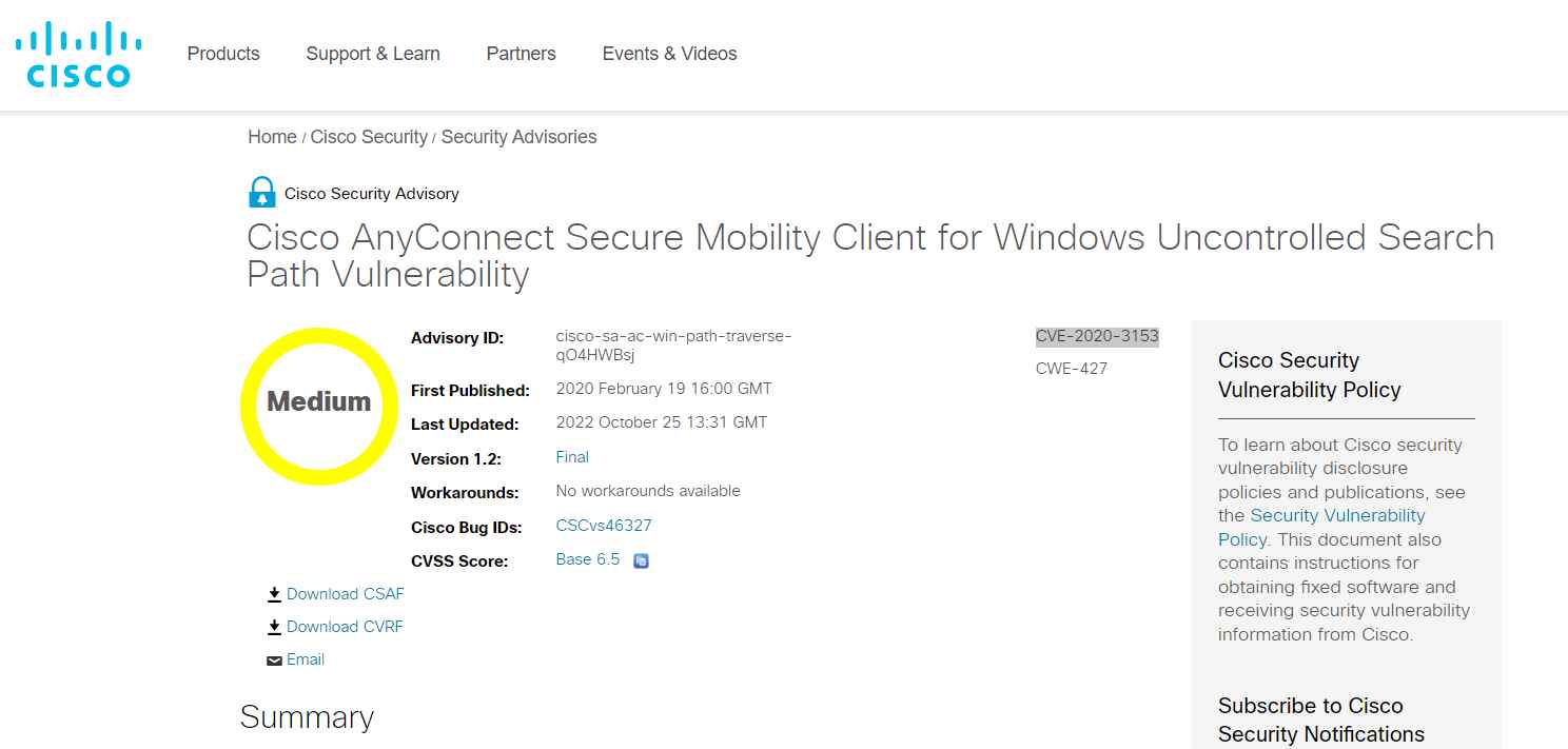 Two security flaws in the Cisco AnyConnect Secure Mobility Client. Patch immediately