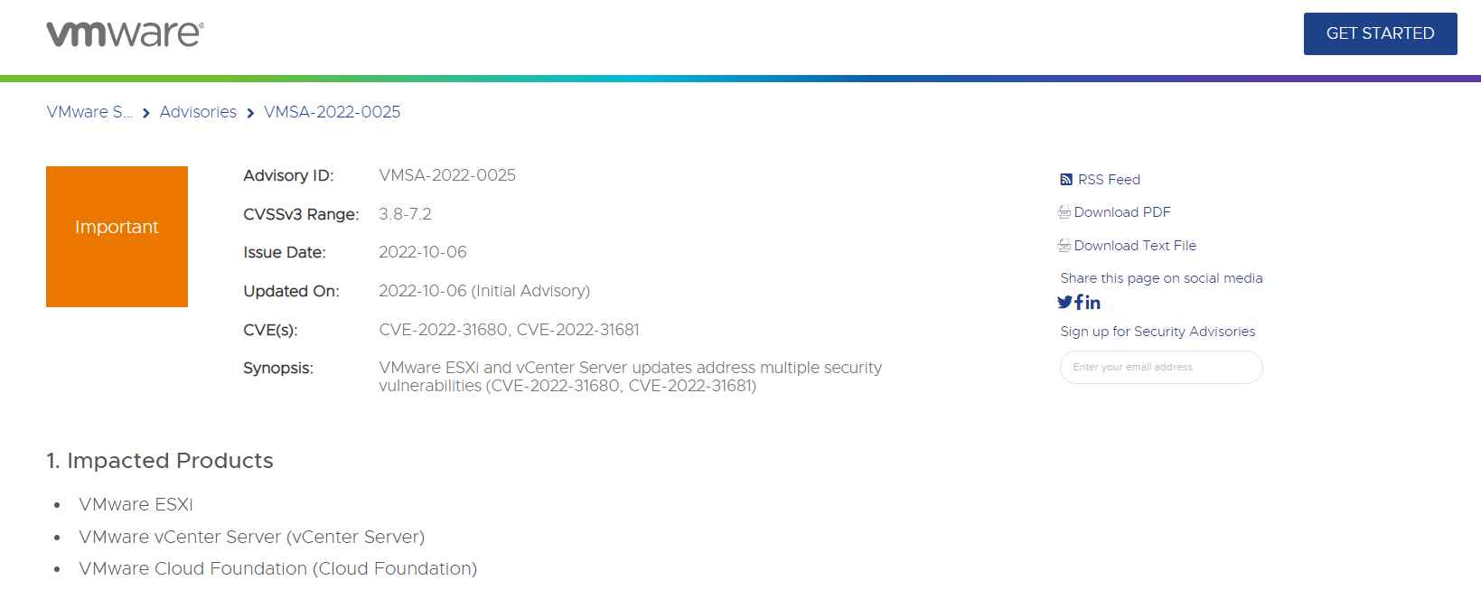 Two important vulnerabilities ( CVSSv3 score > 7) in VMware ESXi, vCenter Server & Cloud Foundation