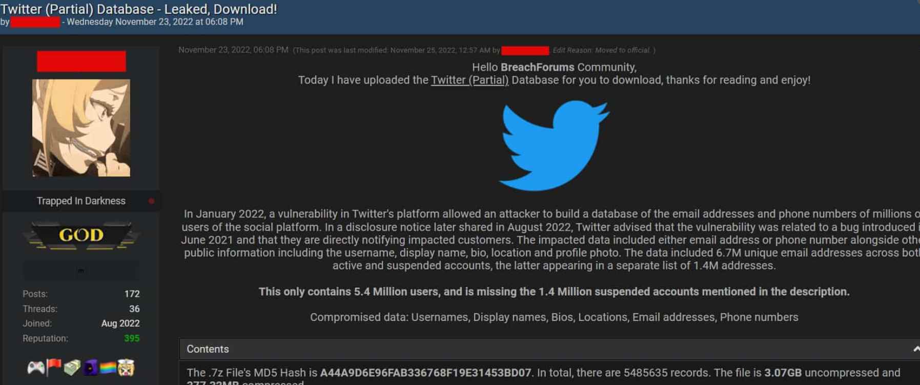 A hacker has posted data of 5.3 million Twitter accounts on a ...