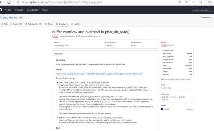 Code exploiting two critical PHP(
