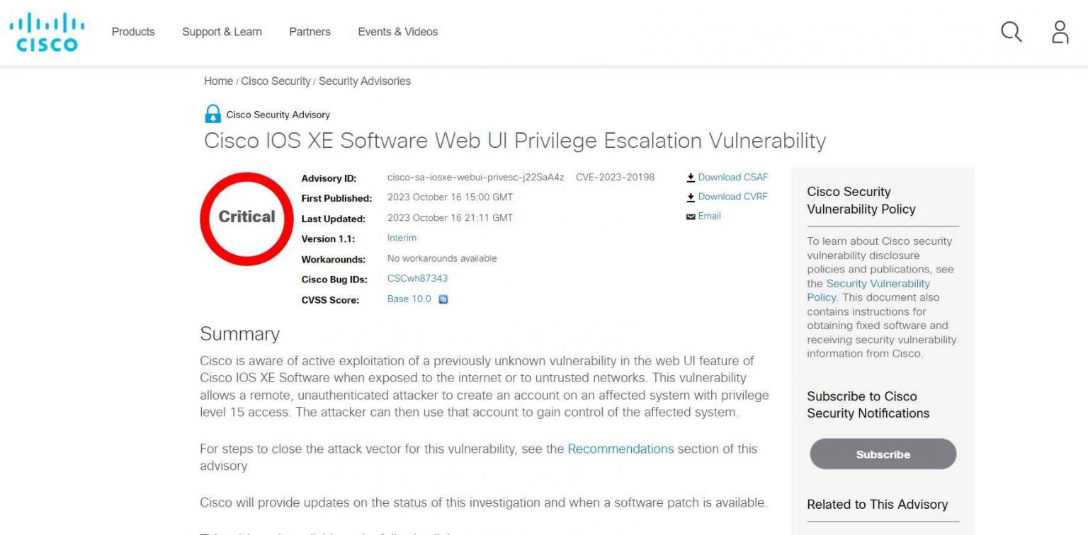 Cisco’s Ticking Time Bomb: CVE-2023-20198 with CVSS Score 10 Hits Cisco ...